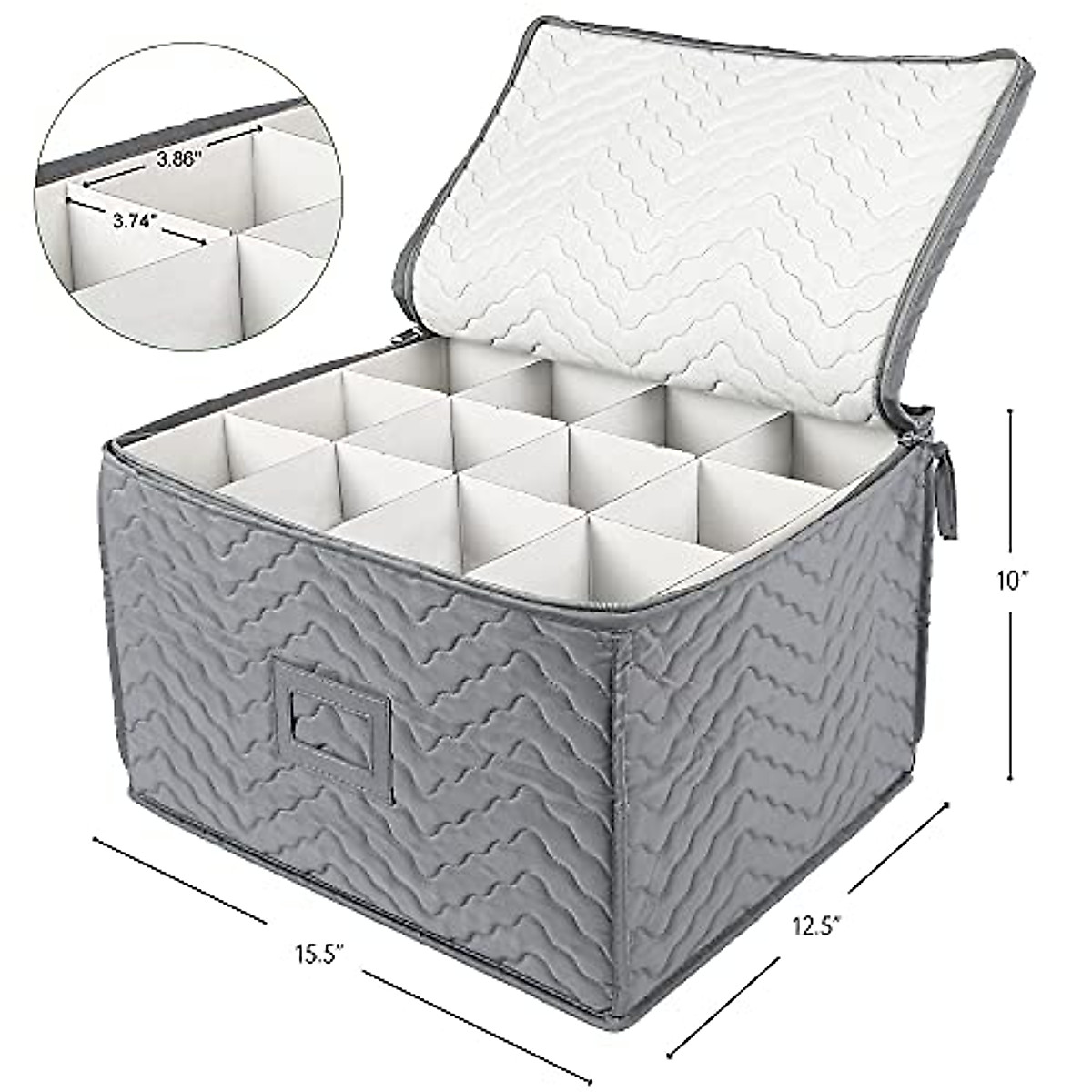 LotFancy Stemware Storage Container - Deluxe Quilted Storage Case with Dividers for 12 - Wine Glasses, Champagne Flutes, Glassware, Drinkware Storage Chest, 15.5”x12.5”x 10”, Gray