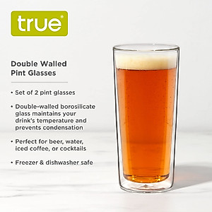 True Double Walled Beer Glasses Drinking Set, Pint Glass Tumblers for Housewarming, Birthday, Wedding, Home Bar Accessories, 16 oz, Set of 2, Clear
