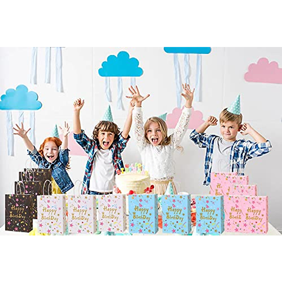 YYaaloa 28pcs Small Gift Bags with Handle Bulk 4 styles Birthday Star Print Party Favor Paper Shopping Bags for Kids Birthday Xmas Party Supplies Retail Bags (Birthday, Small 28pcs)