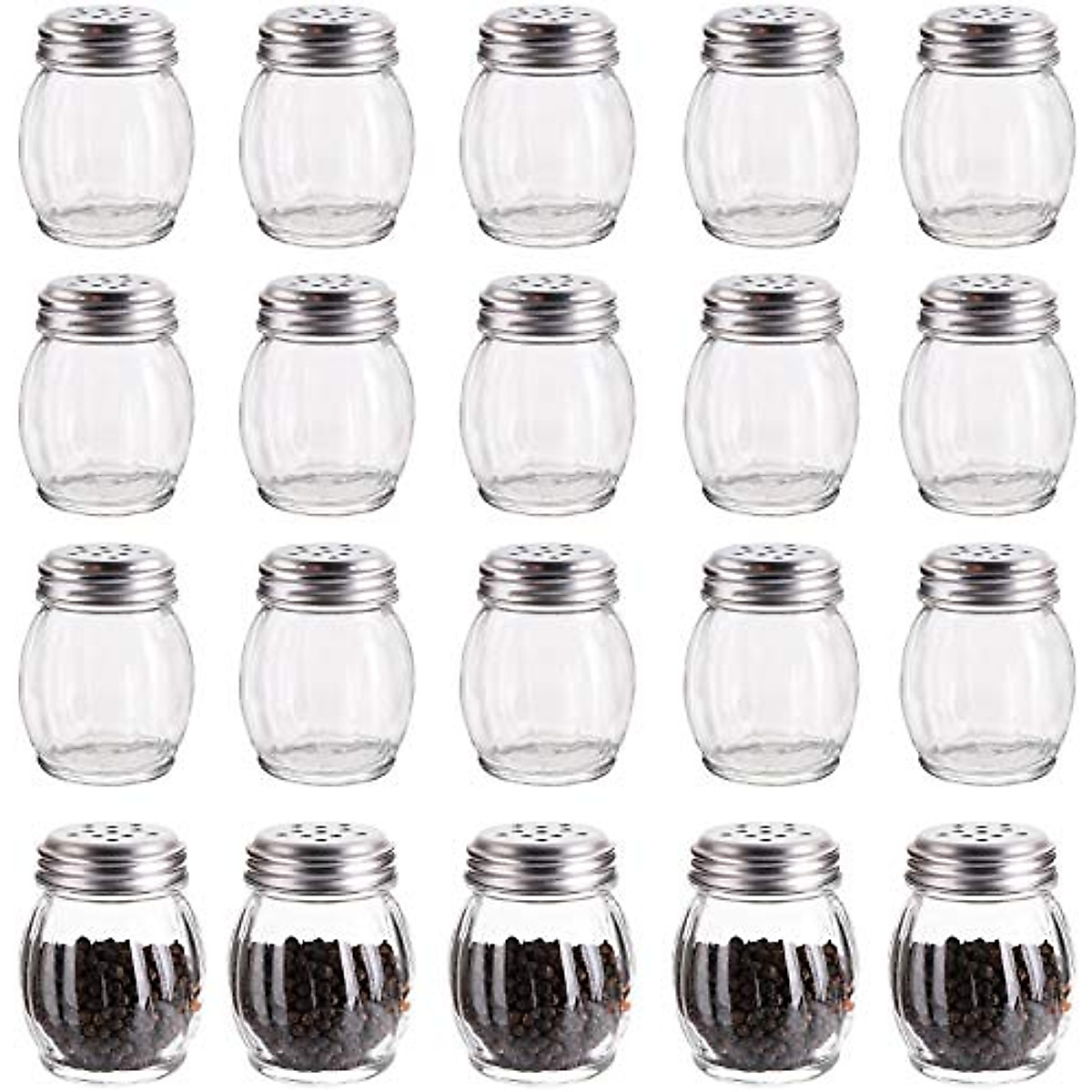 Nicunom 20 Pack 6 Oz Spices Shaker with Perforated Stainless Steel Lid, Swirl Glass Parmesan Cheese Shaker with Slotted Caps, Salt and Pepper Shakers Set, Seasonings Spice Retro Style Dispensers