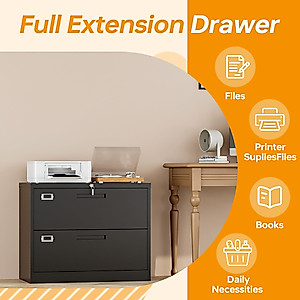 Lateral File Cabinet with Lock 2 Drawer Metal Filing Cabinet, Lateral Filing Cabinet with Lock for Home Office, Locking Metal Steel Wide File Cabinet for Legal/Letter A4 Size Black