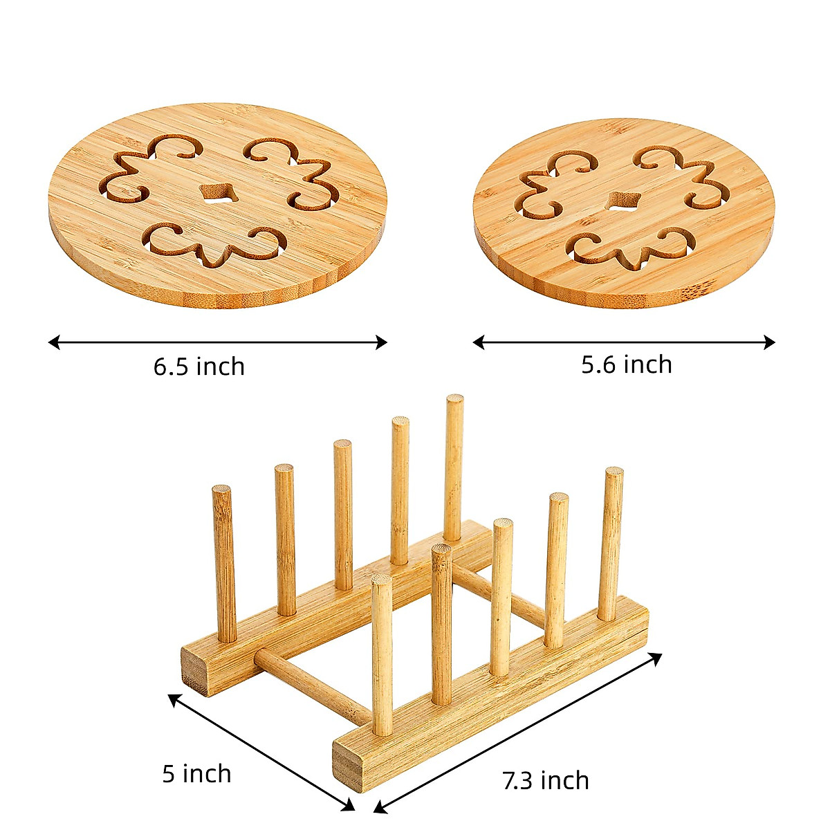 AVLA 6 Pack Natural Bamboo Trivet Mat Set, Heat Resistant Pads with Dish Rack, Kitchen Wood Non-Slip Coaster, Durable Anti-Hot Trivet Stand Mat Set for Hot Dishes, Bowl, Teapot, Hot Pot Holders