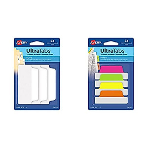 Avery Ultra Tabs, 3" x 1.5", 2-Side Writable, White, 24 Repositionable Filing Tabs (74776) & Avery Ultra Tabs, 2.5" x 1", 2-Side Writable, Pink/Green/Orange, 24 Repositionable Margin Tabs (74767)