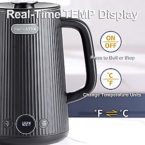 Nueve&Five Electric Kettle with Digital Temperature Display(℉/℃), 1.7L Double Wall Electric Hot Water Kettle, Auto Shut Off, 1200W Seamless 304 Stainless Steel Electric Tea Kettle -Black