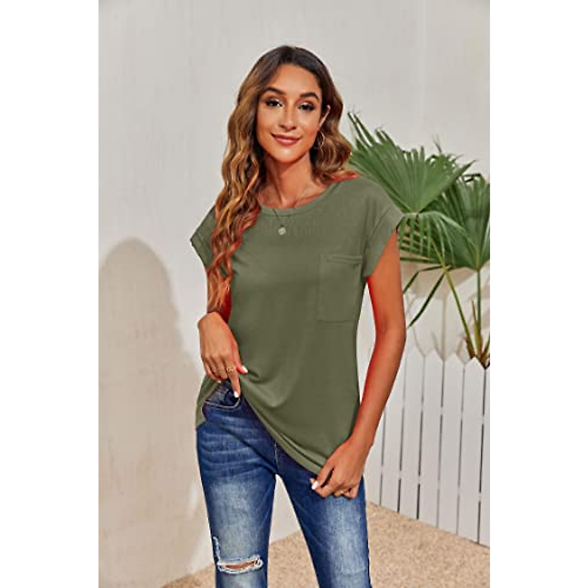 Women's Summer Casual Tops Cuffed Short Sleeve Oversized T Shirts Loose Fit Blouses
