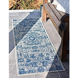 Unique Loom Outdoor Traditional Collection Area Rug - Timeworn (2' x 8' Runner, Blue/ Gray)