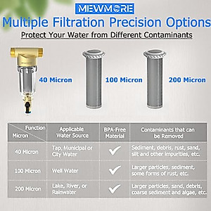 MewMore WHC40 Sediment Filter, 40 & 100 & 200 Micron Reusable Spin Down Sediment Water Filter, Whole House Water Filter for Well Water, Home Pre-filtration System, 1" MNPT + 3/4" FNPT + 3/4"MNPT
