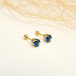 12 Pairs 18K Gold Plated Surgical Stainless Steel Flat Back Screw Back Cubic Zirconia Stud Earrings for Women, Silver CZ Brithstone Stud Earrings Set (Gold 3mm)