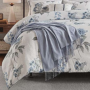 Madison Park Zennia Farmhouse Comforter Set with Throw-Blanket, Floral Print on Seersucker Textures, All Season Bedding, Matching Shams, Toss Pillows, Full/Queen(90"x90"), Blue 7 Piece