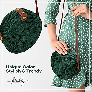 Woven beach bag - Green crossbody bag. Round rattan bags for women. Handwoven natural round rattan bag. Boho style wicker bag. Woven purse durable, trendy, natural rattan small bag.