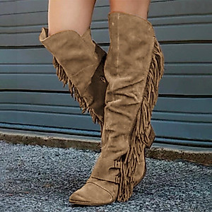 NOLDARES Womens Mid Calf Boots Chunky Heel Fringe Vintage Cowgirl Cowboy Western Knee High Boots Zipper Pointed Toe Boots