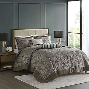 Madison Park Aubrey Reversible Quilted Bedspread Set, Solid Reverse Summer Breathable, Lightweight All Season Bedding Layer, Matching Shams, Bedspread King(120"x118"), Blue 5 Piece