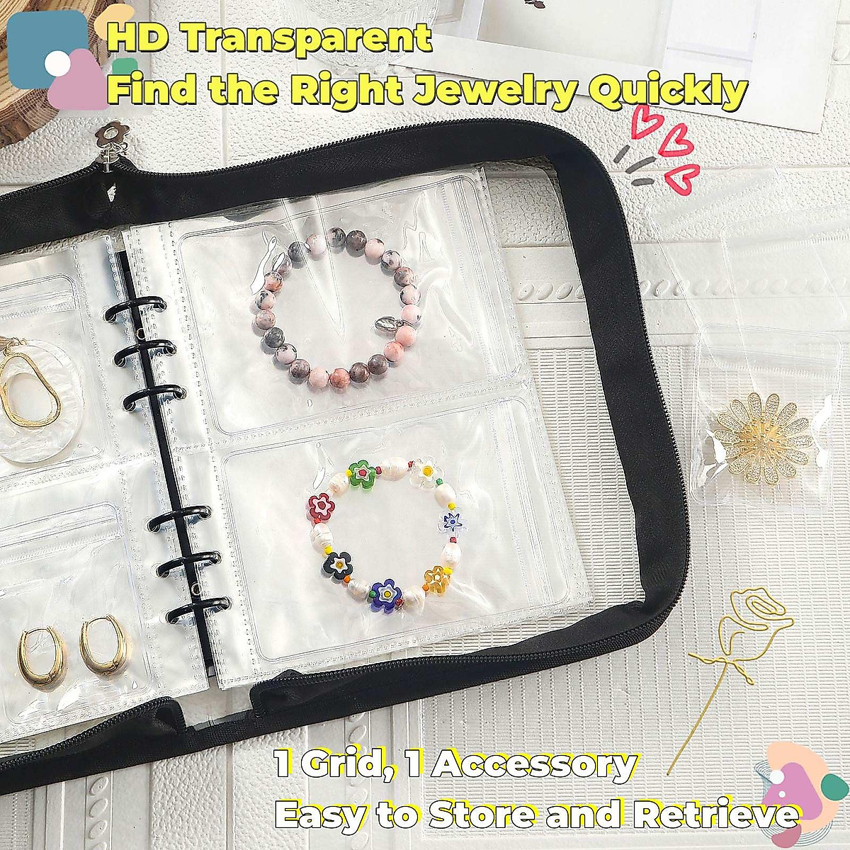 AVELIO Bracelet Storage Organizer Travel Jewelry Organizer Transparent Jewelry Storage Book High Capacity for Earring, Necklace, Ring, With pvc Jewelry Pouches Zipper Bags