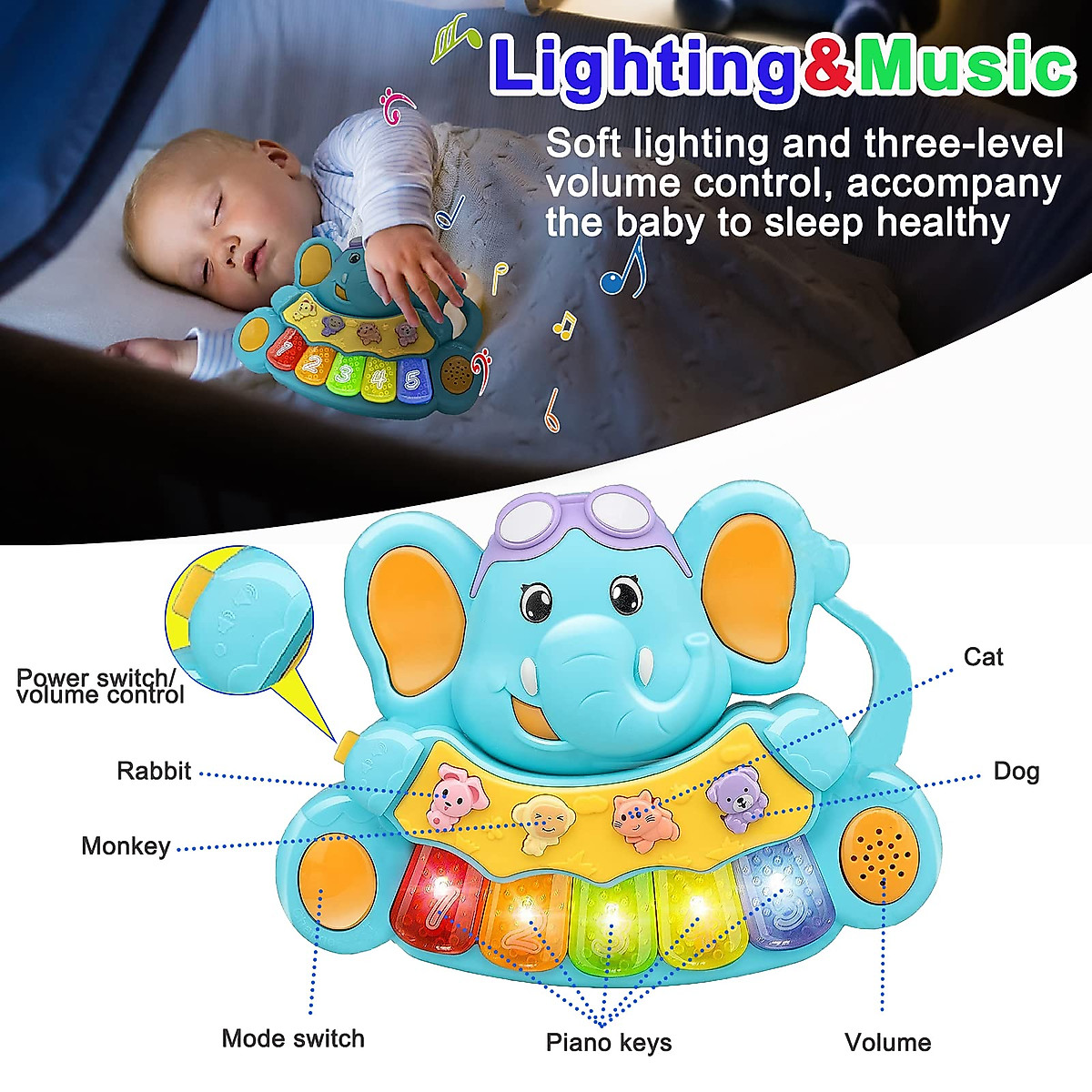 Baby Piano Toys 6 to 12 Months Early Learning Baby Girl Toys 6 to 12 Months Elephant Piano Keyboard Toys Infant Toys for 6-12-18 Month Light Up Music Baby Toys Infant Gifts for 1 Year Old Boys Girls