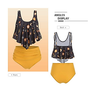 SevenDwarf Women's Sun Stars Moon Flounce High Waisted Tankini Swimsuit