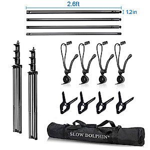 SLOW DOLPHIN 10 x 10Ft Photo Video Studio Heavy Duty Adjustable Muslin Backdrop Stand Background Support System Kit for Photography with Carrying Bag 8 Pcs Clip Clamps