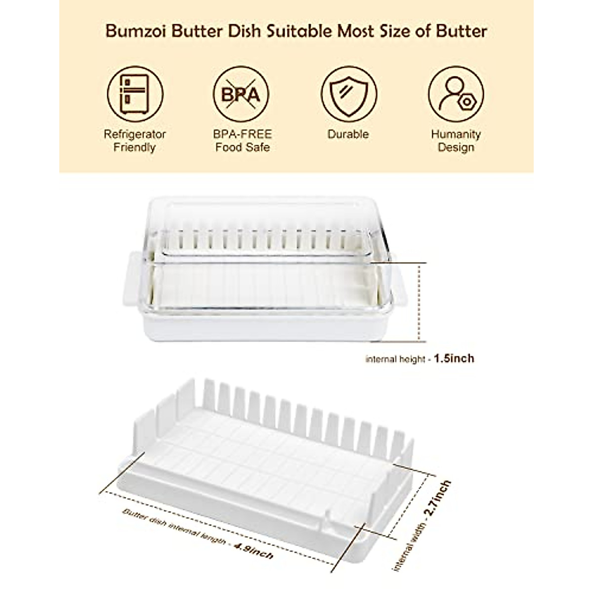 Butter Dish with Lid for Countertop, Bumzoi Butter Dish with Humanized Design, Butter Keeper for Refrigerator, Butter Dishes with Handle Storage Perfect for West/ East Coast Butter
