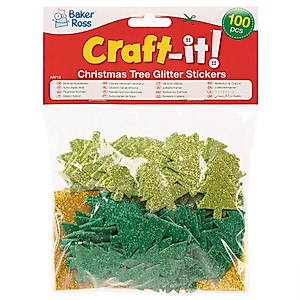 Baker Ross AR713 Christmas Tree Glitter Stickers - Pack of 100, Christmas Stickers for Arts and Crafts