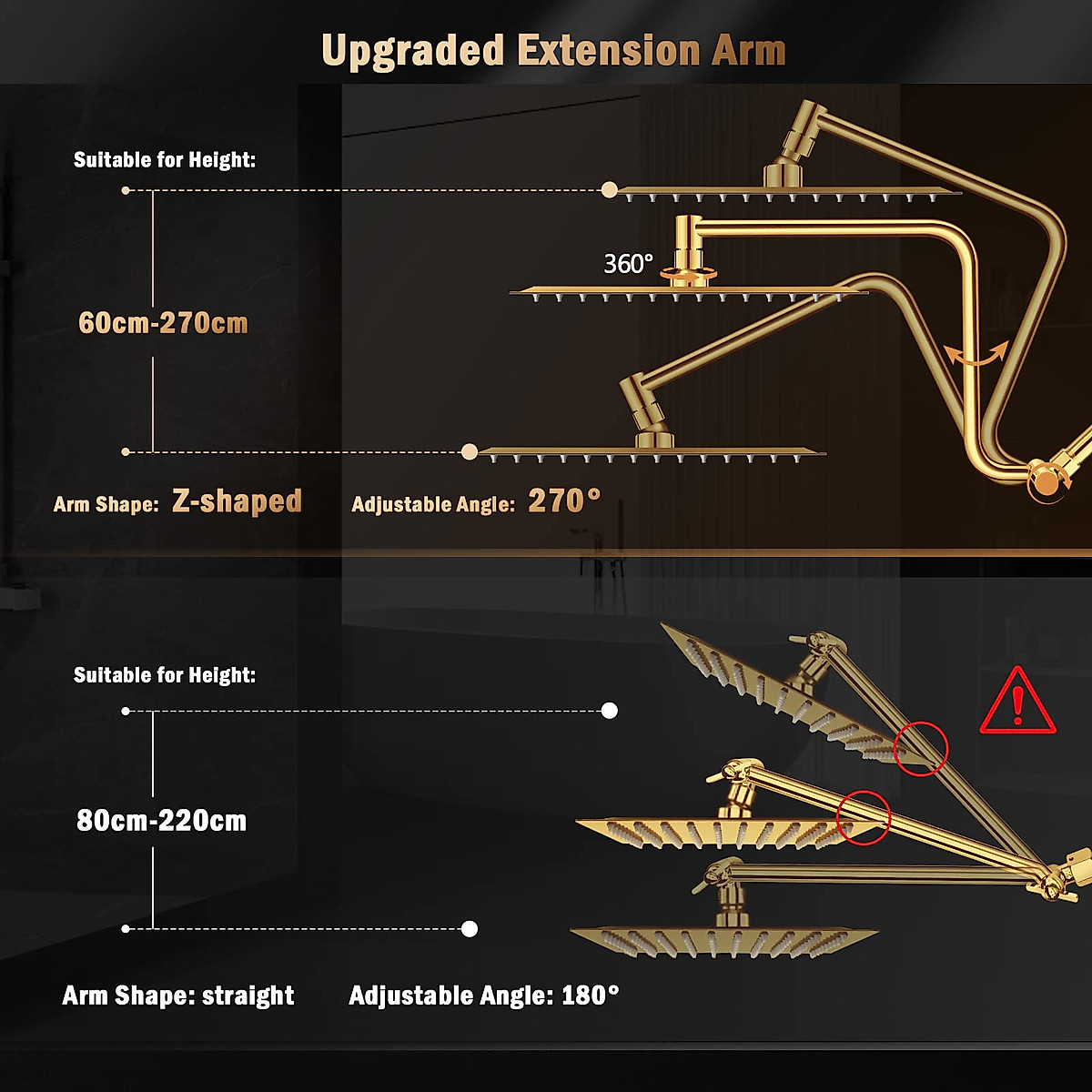 PinWin 12'' Dual Shower Head with Adjustable Extension Arm and 6-Setting Handheld Shower Head Combo, Brushed Gold