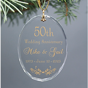 Gold 50th Golden Wedding Anniversary Personalized Keepsake Glass Oval Christmas Ornament ANY Anniversary Year Available