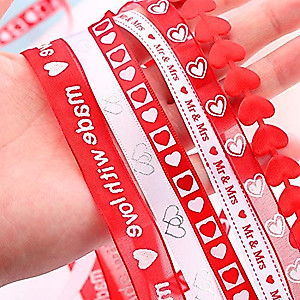 Zhanmai 6 Pieces Valentine's Day Ribbons Printed Heart Wired Ribbons Craft Satin Ribbons for Gift Wrapping DIY Supplies