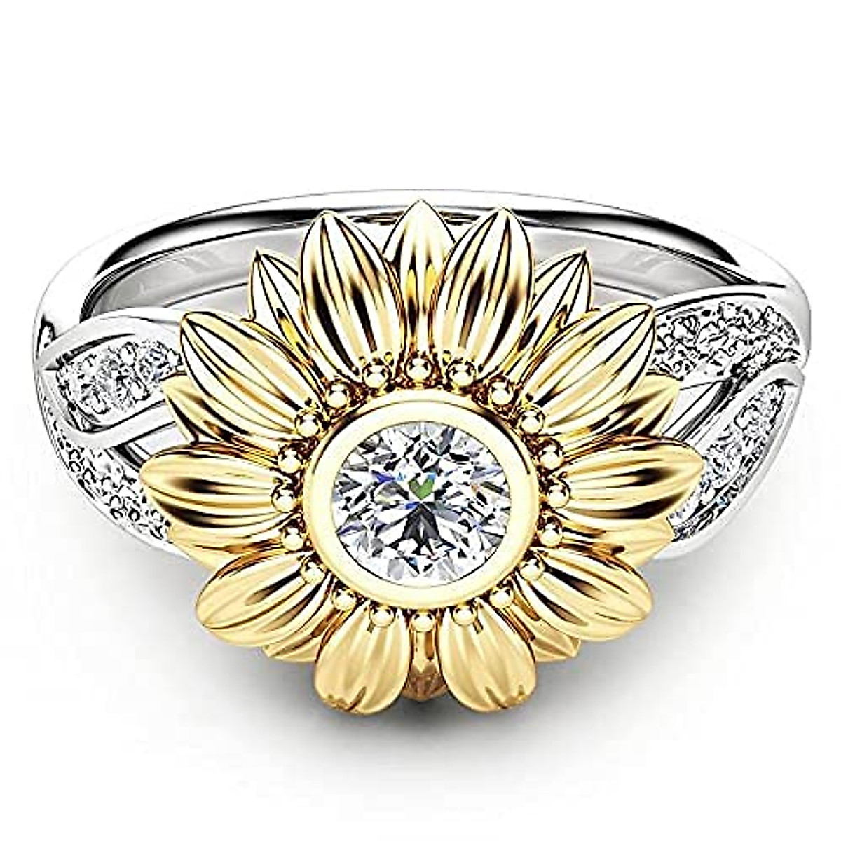 New Gold-Plated Couple Ring Sunflower Flower Color Separation Zircon Ring - 7