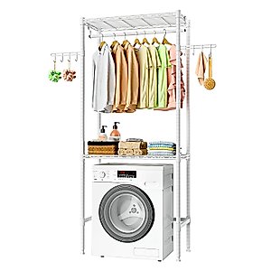 Memobarco Over Washer and Dryer Shelves, 2 Tiers Metal Clothes Drying Rack, Laundry Room Bathroom Organization, Space Saving Freestanding Closet Organizer Storage with Wire Shelves Side Hooks, White