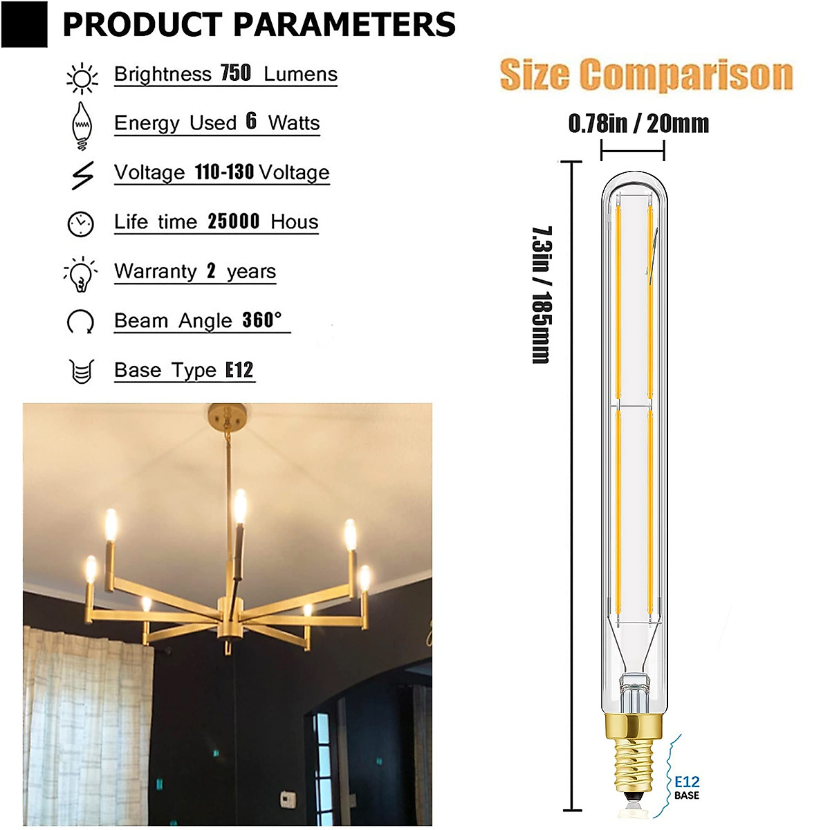 E12 Long Tubular Light Bulbs,6W Led Edison Bulbs Soft White 3000K,750lm,7.3Inch,75Watt Candelabra Incandescent Bulbs Equivalent Vintage LED Filament Edison Candle Bulbs,6Pack.