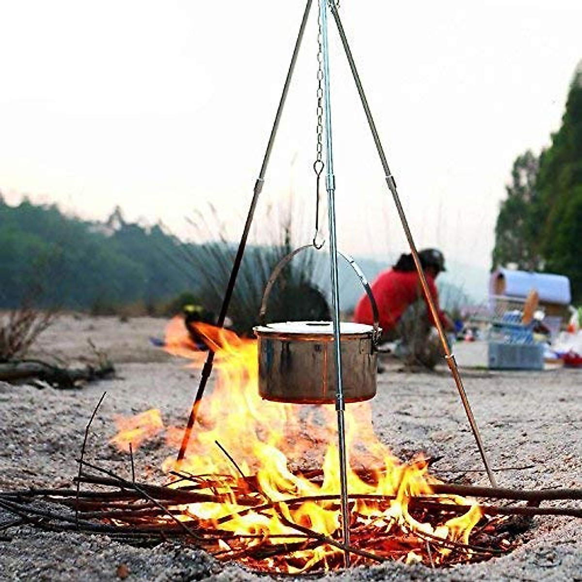Sutekus Camping Tripod Camp Fire Tripod Portable Campfire Cooking Dutch Oven Tripod and Lantern Hanger silver