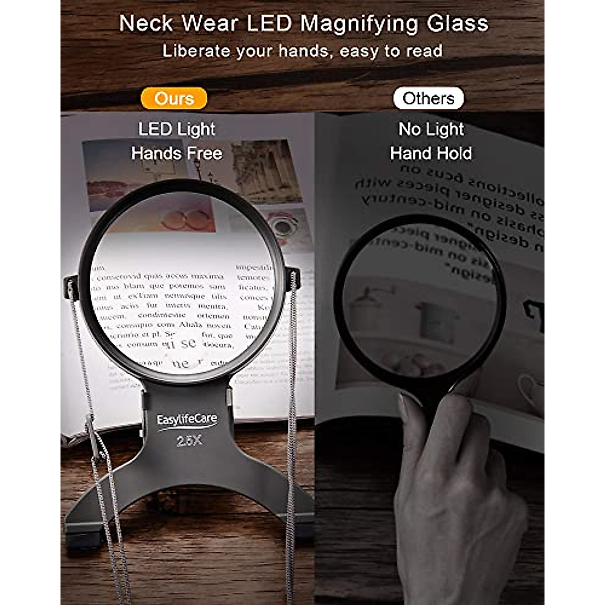 EasyLifeCare Hands Free Chest Rest LED Magnifier - Neck Wear Visual Aid Illuminated Magnifying Glass for Low Vision & Visually Impaired Seniors - Portable - Gifts for Mom, Dad, Grandmother, Women, Men