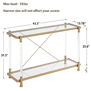 Sybrioka Glass Console Tables for Entryway Living Room, Acrylic Gold Sofa Side Table Metal Leg, Long Narrow Entryway Table with Storage for Small Space Hallway(Golden, Entryway Table)