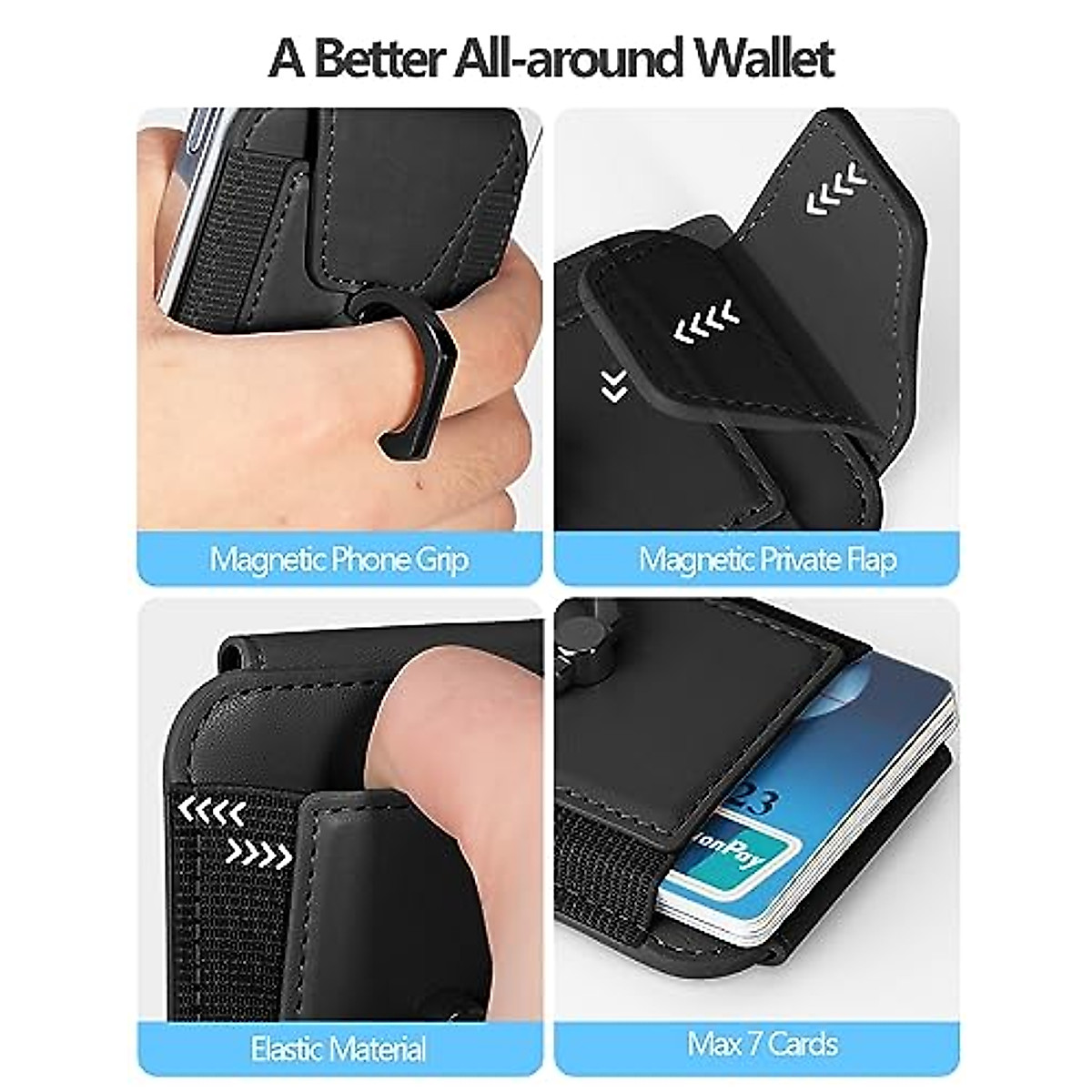3-in-1 Magnetic Wallet with Phone Grip, Compatible with MagSafe Wallet and Phone Stand, Leather Privacy Flap, Magnetic Phone Wallet Holder with Phone Ring for iPhone 14/13/12 Series, 7 Cards, Black