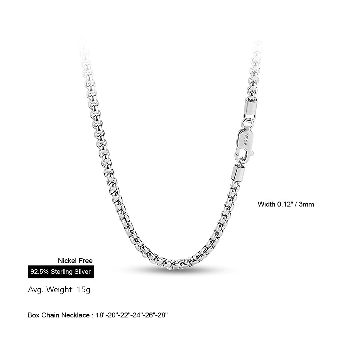 Meilanduo Solid 925 Sterling Silver 3mm Round Box Chain Necklace 18, 20, 22, 24, 26, 28 Inch for Men Women (20)