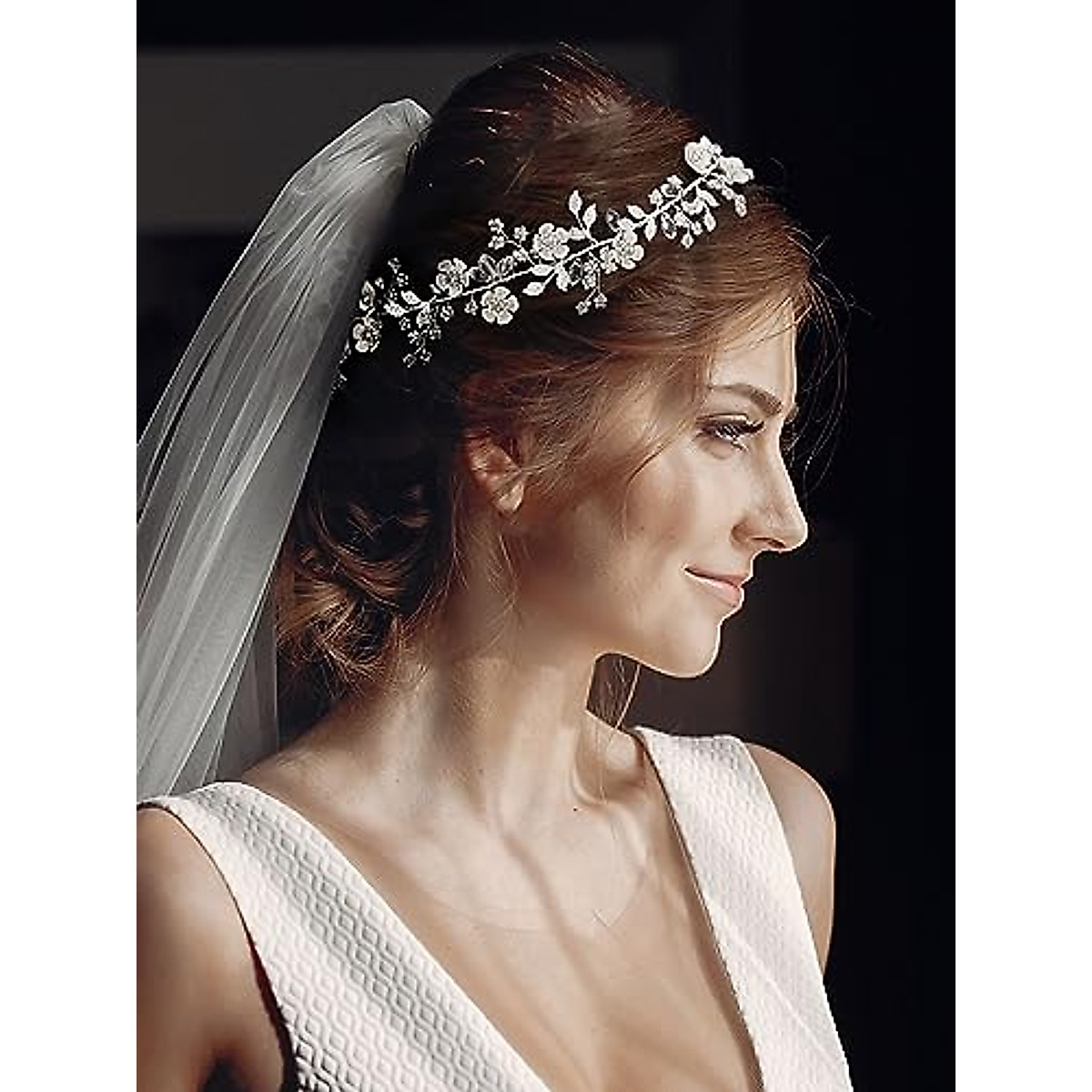 SWEETV Silver Wedding Headband Crystal Bridal Headpieces for Bride Flower Hair Accessories for Women Flower Girl Hair Vine