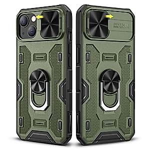Caka for iPhone 13 Case, iPhone 14 Case with Camera Cover & Kickstand, Built-in 360°Rotate Ring Stand with Camera Lens Protection Magnetic Magnet Protective Phone Case for iPhone 13 iPhone 14-Green