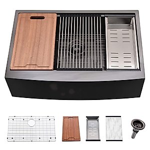 33 Inch Farmhouse Kitchen Sink Workstation Black - VOKIM 33x22 Apron Front Workstation Farmhouse Sink Stainless Steel 16 Gauge Single Bowl Gunmetal Matte Black Farm Sink