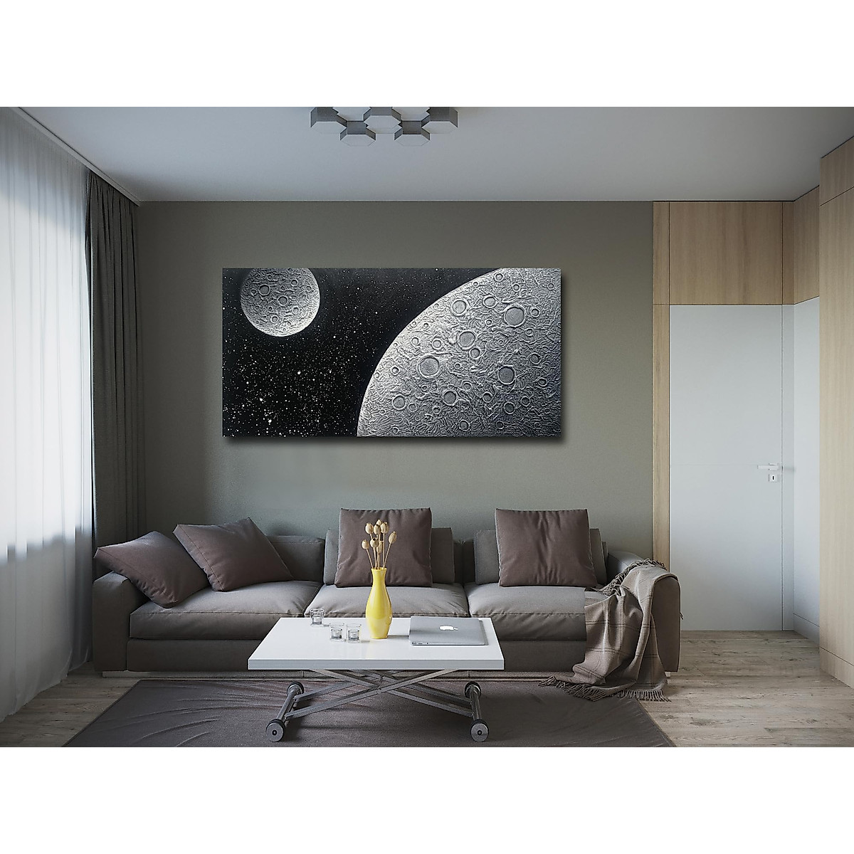 Landswaydecor Black and Grey Wall Art Moon Surface Canvas Oil Painting Home Decor Hand Painted Modern Textured 3D Artwork for Bedroom Living Room