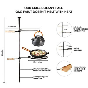 Campfire Grill Grate Fire Pit Grill Grate Open Fire Cooking Equipment Swivel Campfire Grill with Heat Resistant Adjustable Griddle Plate to Cook Food Over Open Camp Fire for Outdoor Camping BBQ Black