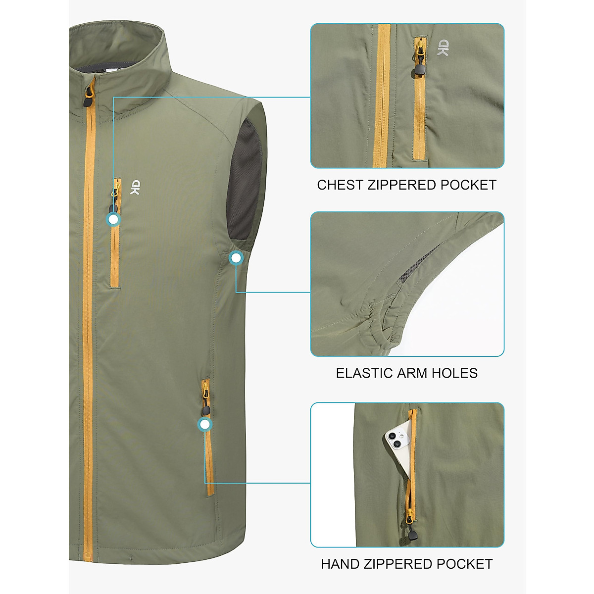 Little Donkey Andy Men's Quick Dry Vest Sleeveless Summer Stretchy Windproof Jacket for Golfing Cycling Running Laurel Oak S