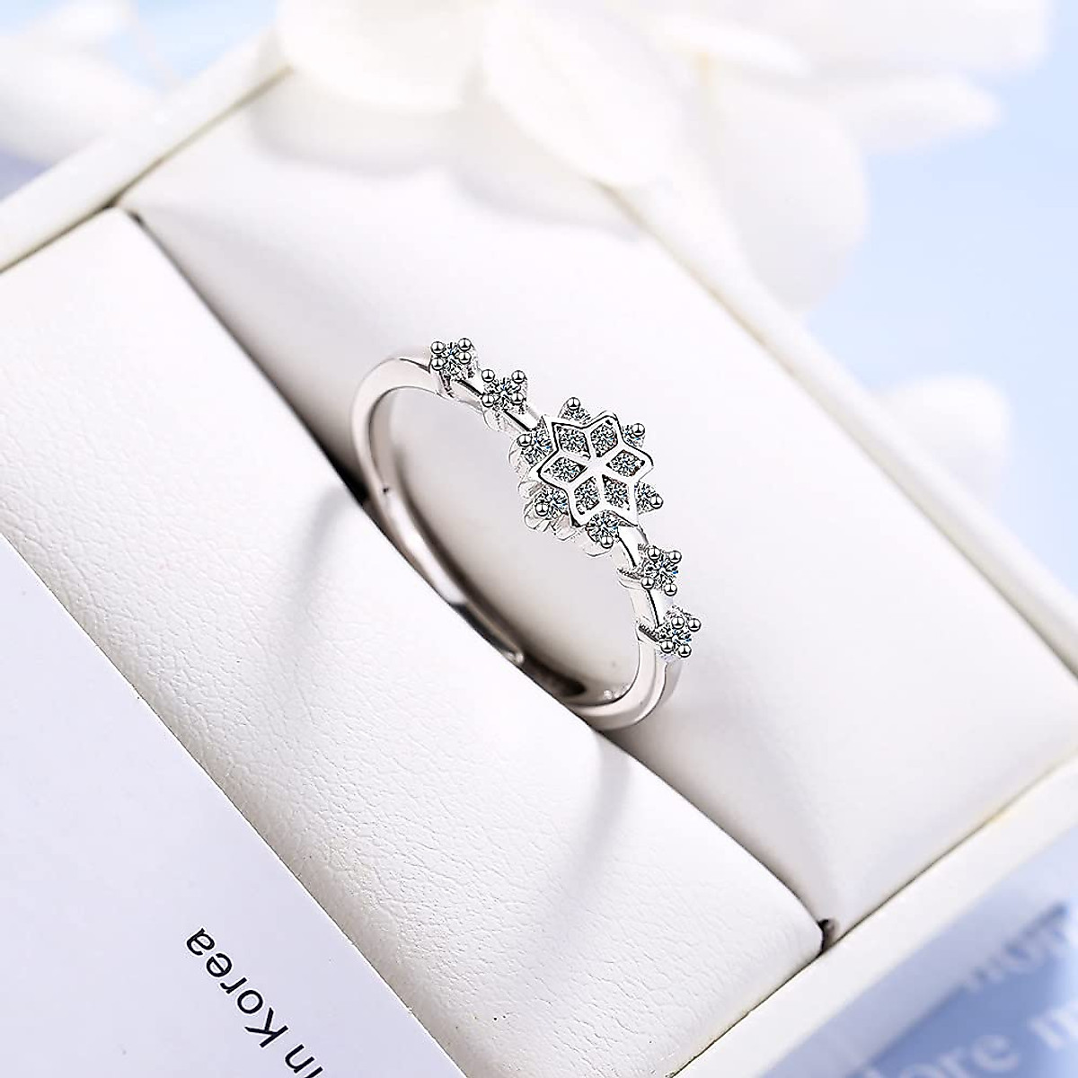 NewZenro Thin CZ Snowflake Adjustable Rings for Women Dainty Sterling Silver Plated Statement Wrap Band Flower Rings Fashion Expandable Knuckle Finger Rings for Bff Daughter Xmas