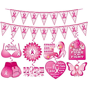 Breast Cancer Awareness Decorations, with 1pcs No DIY Breast Cancer Awareness Banner and 8pcs Breast Cancer Decorations Hanging Swirls, Breast Cancer Awareness Decorations for Office