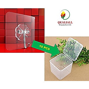 QUALIALL The Worest 0.003lbs Wall Hooks, Ceiling Hooks (on Wrong Surface), The Real Heavy Duty 33lbs Acrylic Self Adhesive Stick on Hanger for Hanging, Reusable, Traceless, 10packs
