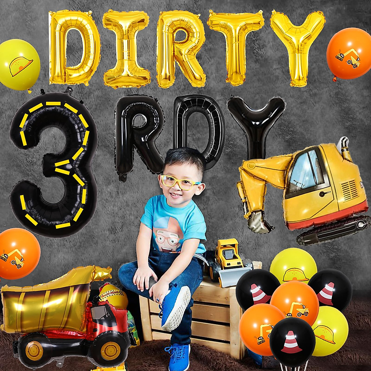 Wonmelody Construction 3rd Birthday Party Decorations Dirty 3rdy Dump Truck Balloon Banner Party Decorations Black Gold Excavator Roadblock Barricade Construction Decors for 3rd Years Old Boy