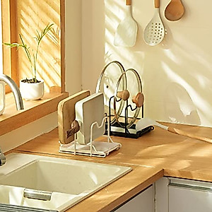 SUNFCON Upgraded Pot Pan Lids Holder Large Cookbook Stand Spoon Rest Cutting Board Rack Chopping Board Organizer Stand w Drip Tray Kitchen Countertop Black