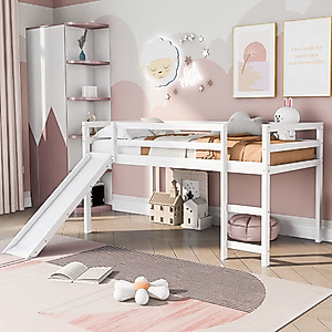 Harper & Bright Designs Kids Loft Bed with Slide,Twin Size Low Loft Beds for Girls Boys Solid Pine Wood Toddler Loft Bed with Ladder and Guard Rails,White