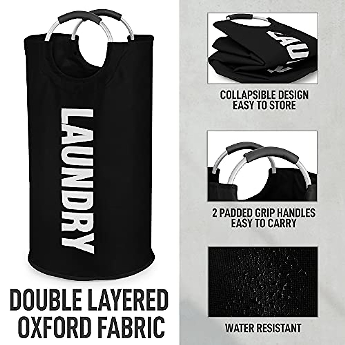 Zulay Home 82L Large Heavy Duty Laundry Basket Collapsible - Non-Slip Padded Laundry Bag With Handles - Waterproof Collapsible Laundry Baskets & Laundry Hampers For Bedroom, Dorm, Travel (Black)