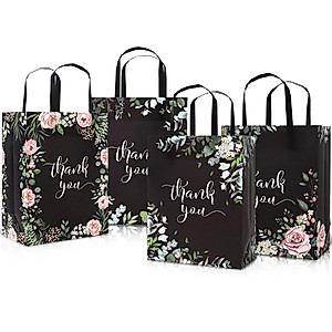 AnyDesign Floral Thank You Gift Bags with Handles Black Thank You Goody Bags Flower Kraft Paper Treat Bags Party Favor Bags for Wedding Birthday Baby Shower Party Favors, 4 Designs, 20Pack