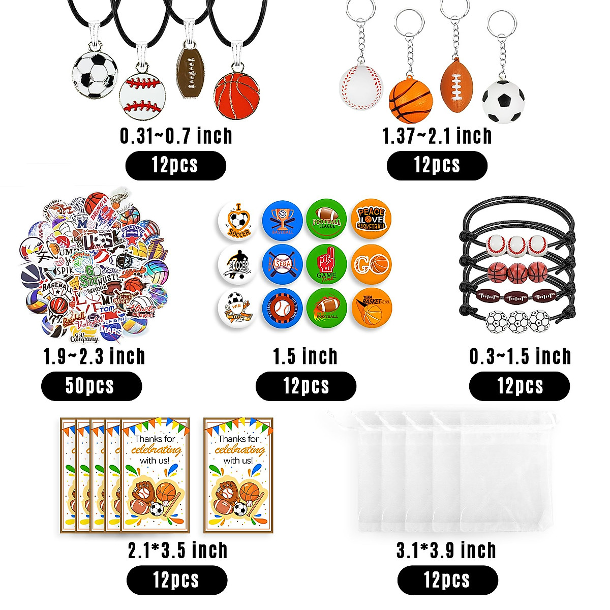 122 PCS Sports Party Favors Basketball Baseball Football Soccer Party Gift Thank You Tags Goodie Bags for Sports Club Party Favors Kid Birthday Party Baby Shower Sports Theme Party Supplies (Style 01)