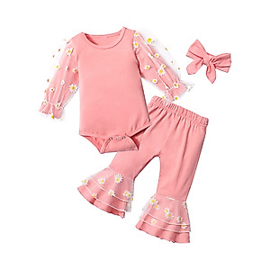 Baby Girl Outfit 3-6 Months,Baby Girl Bell Bottoms Mesh Daisy Outfits Long Sleeve Romper + Flare Pants + Headband 3Pcs Baby Girl Outfits Pink