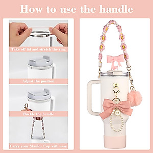 Stanley Cup Accessories Set Including Siliocne Straw Cover, Siliocne Boot, Water Bottle Handle Strap for Stanley Cup 40oz 30oz Tumbler with Handle (Pink butterflies)